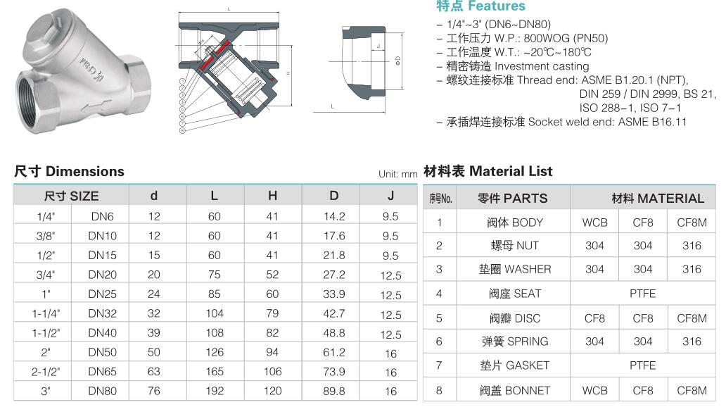800WOG Stainless Steel Y Type Thread Female Check Valve - FVF INDUSTRY ...